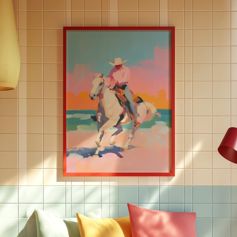 Pastel Cowboy Riding Horse Print: Retro Western Beach Art (digital ...