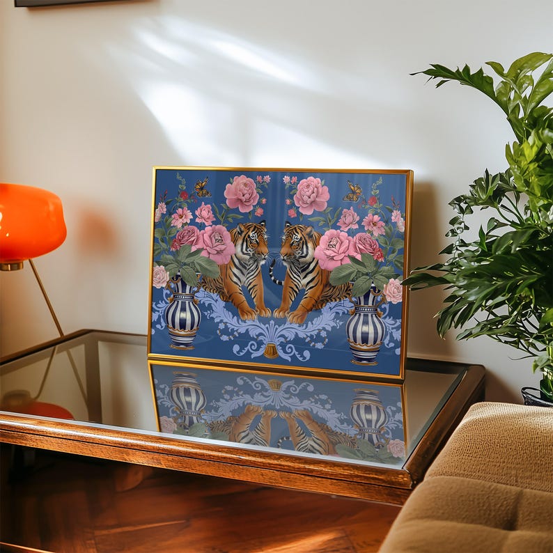 Floral Tiger Print: Pink Peonies, Blue Botanical Wall Art - Etsy