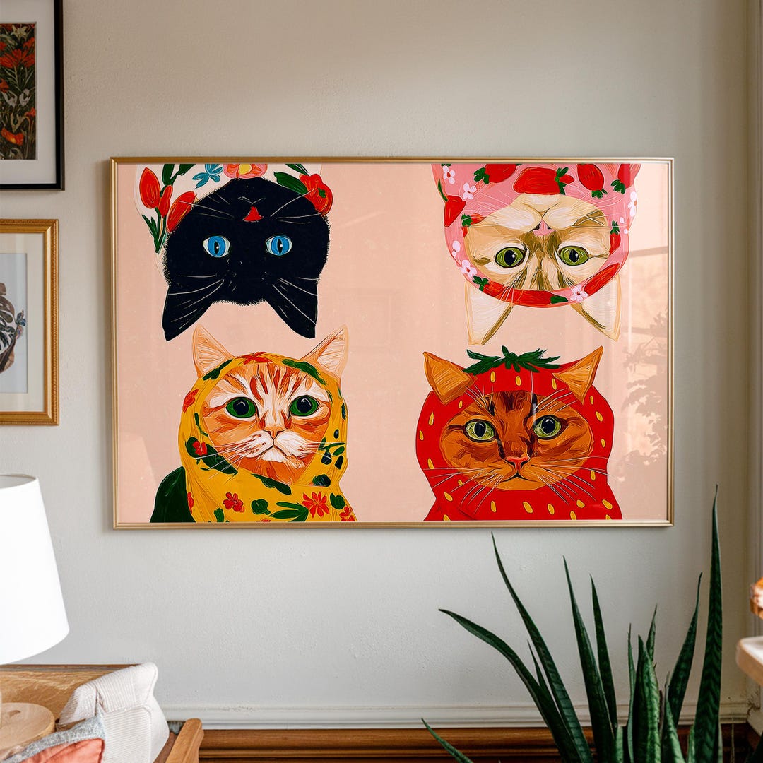 Colorful Cat Poster: Whimsical Folk Art, Cats With Floral Headscarves ...