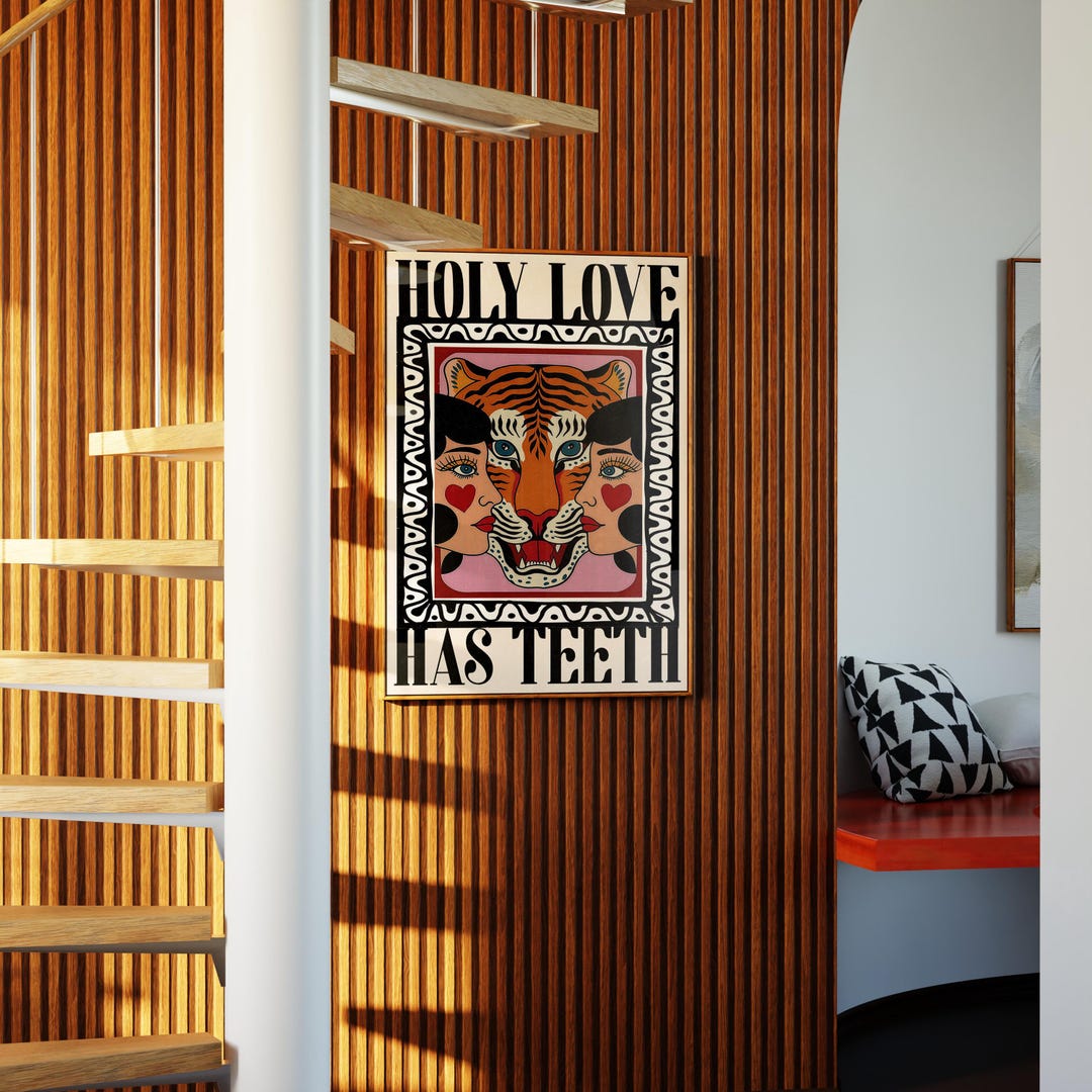 Holy Love Has Teeth Poster, Sacred Tiger Print, Folk Art Style, Bold ...