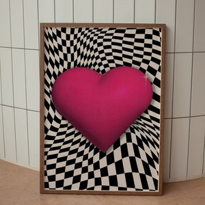 Pink Heart Poster, 70s Psychedelic Poster, Funky Wall Decor, Y2k Trippy ...