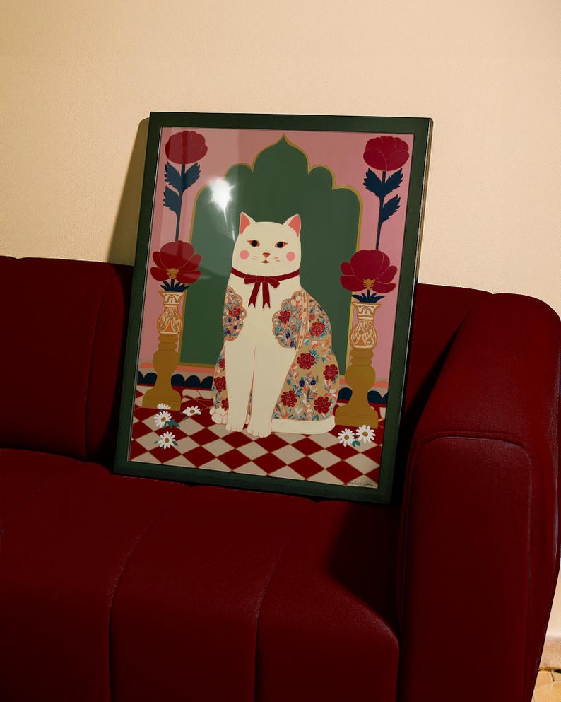 Floral Art Print: Vintage Folk Cat Illustration, Whimsical Animal ...