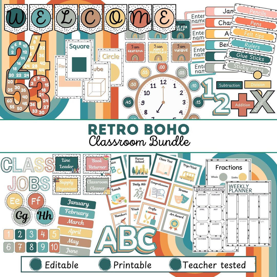 Editable Retro Boho Neutral Classroom Decor Bundle Printable Modern ...