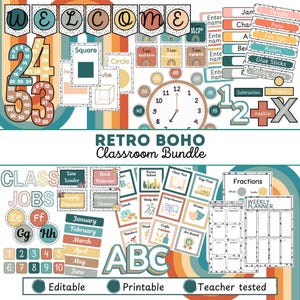 Editable Retro Boho Neutral Classroom Decor Bundle Printable Modern ...