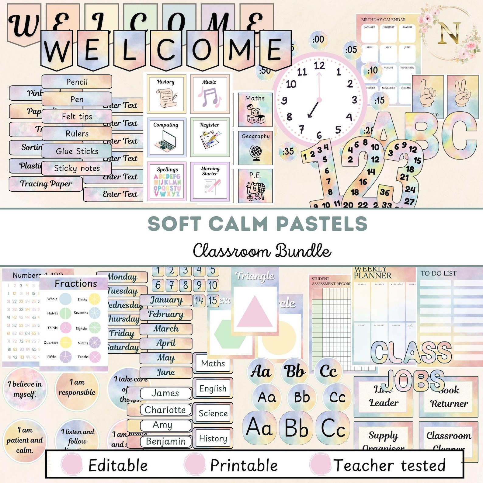 Editable Pastel Classroom Decor Bundle | Printable Calming Theme ...