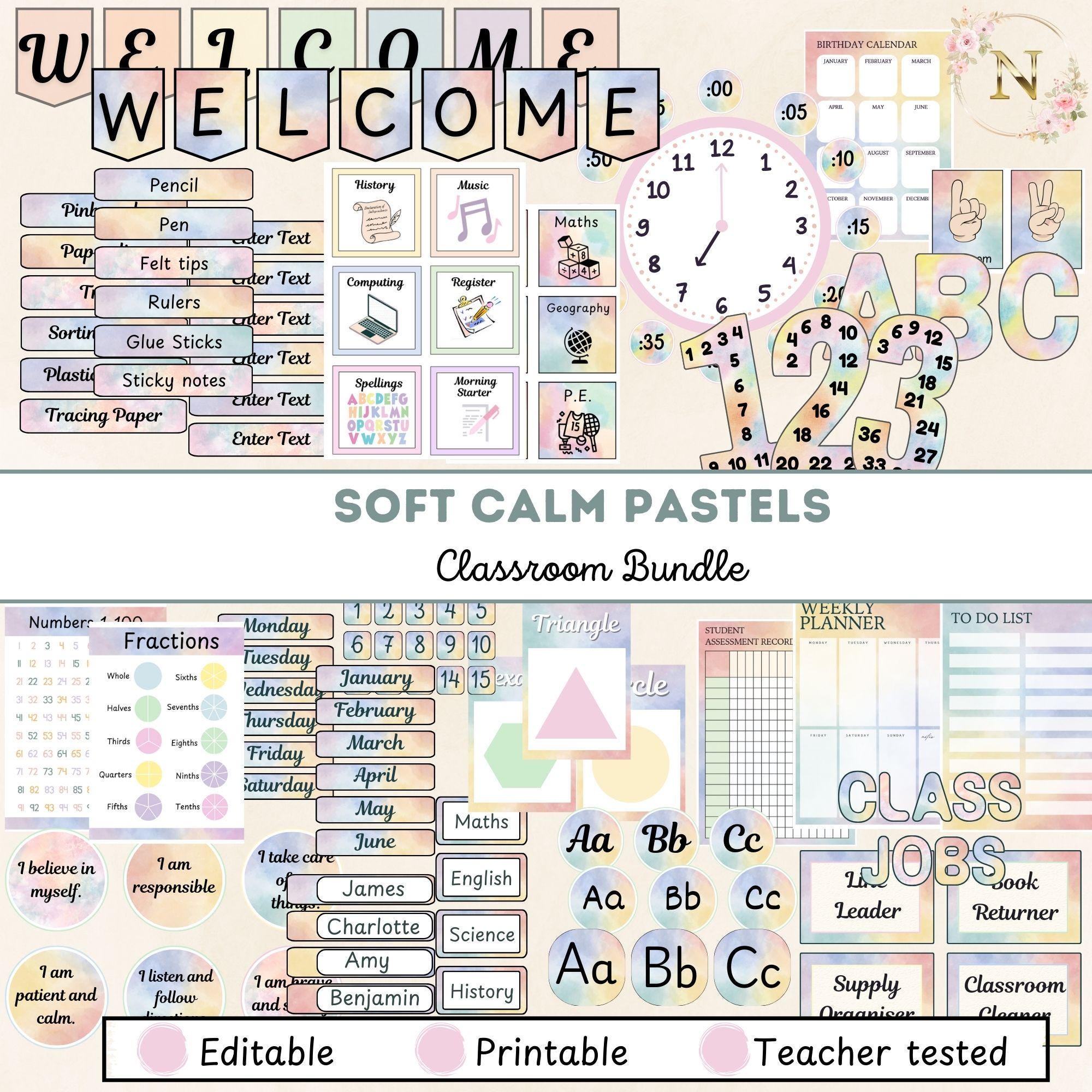 Editable Pastel Classroom Decor Bundle | Printable Calming Theme ...