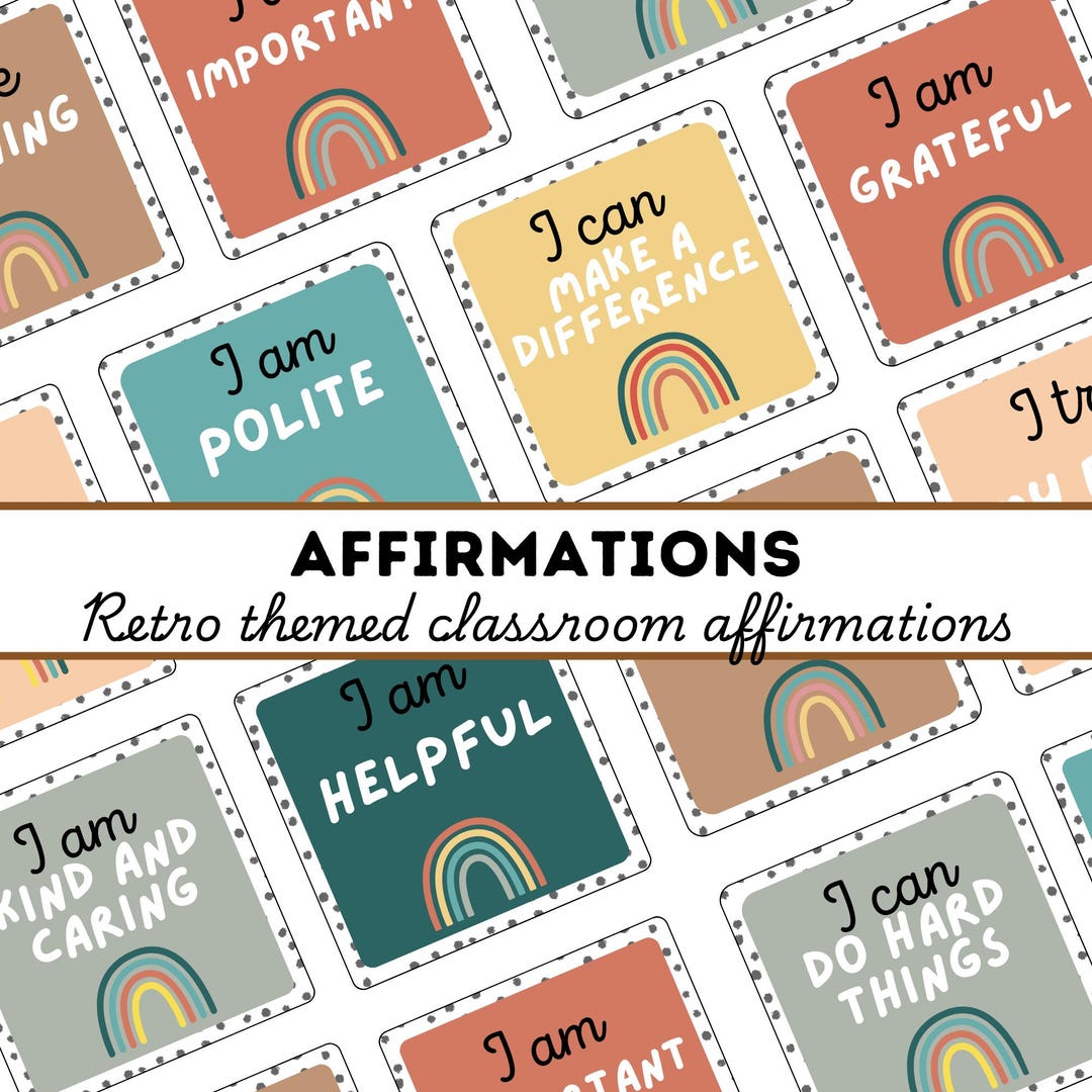 Editable Classroom Affirmations Retro Boho Rainbow Printable Positive ...