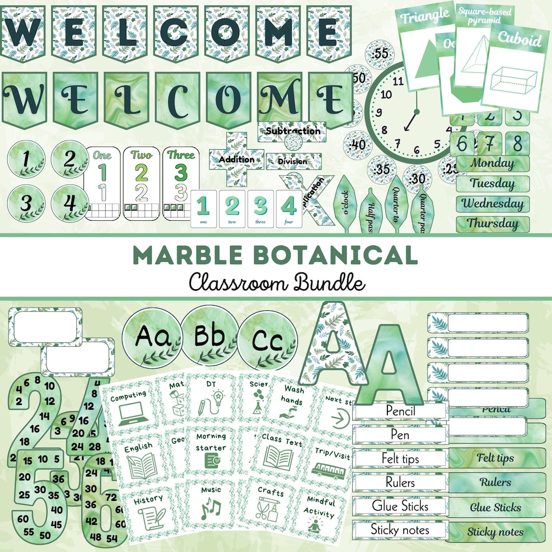 Botanical Green Classroom Decor Bundle | Calm Leafy Theme Display Set ...