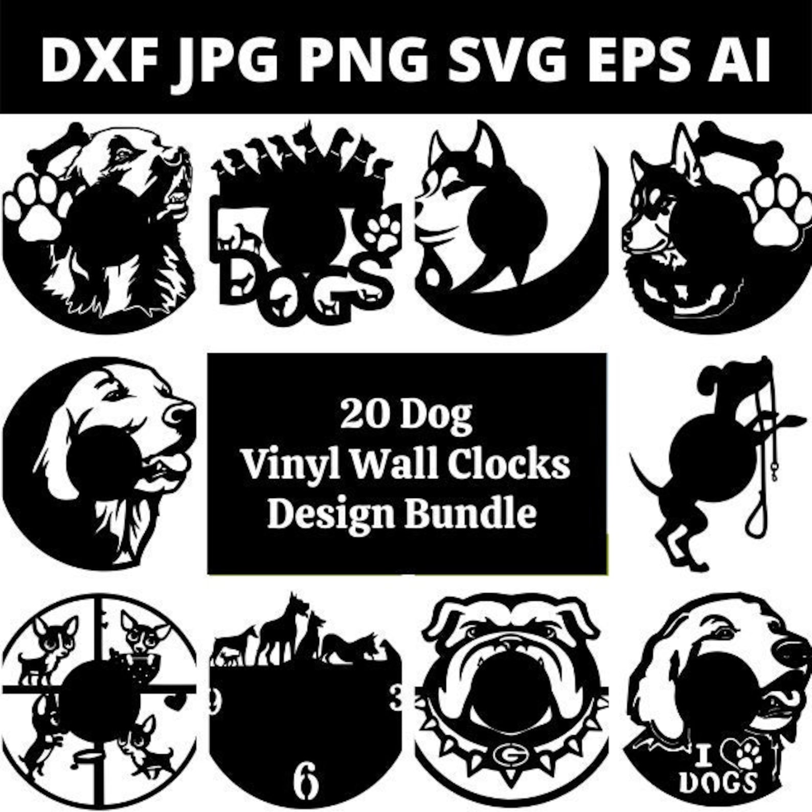 DXF SVG PNG Laser Router Cutting Files 20 X Dog Vinyl Clock Design ...