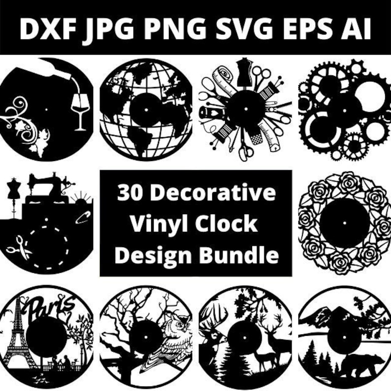 DXF SVG PNG Laser Router Template 30 X Decorative Vinyl Clock Design ...