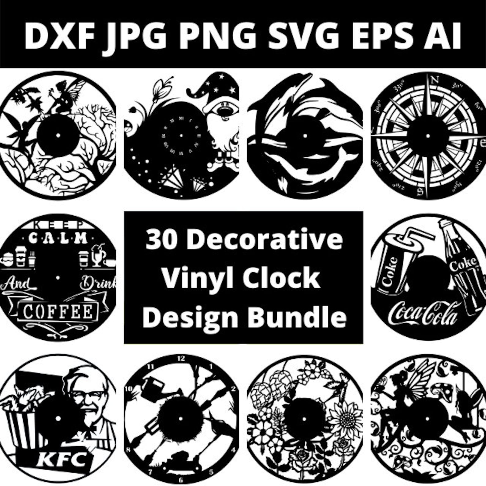 DXF SVG PNG Laser Router Template 30 X Decorative Vinyl Clock Design ...