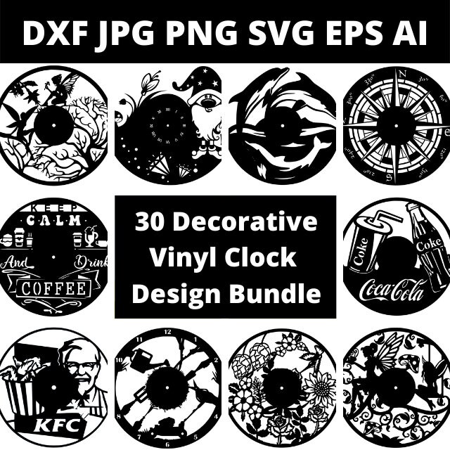 DXF SVG PNG Laser Router Template 30 X Decorative Vinyl Clock Design ...