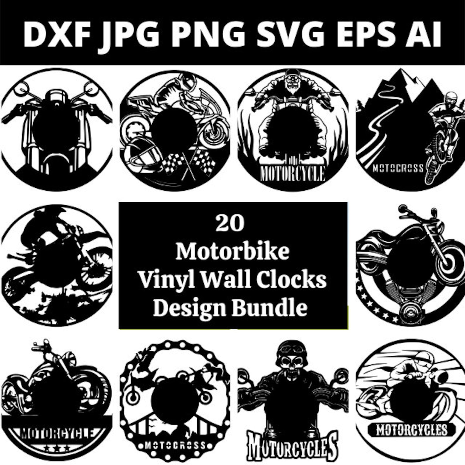 DXF SVG PNG Laser Machine Design Bundle 20 X Motorbike Vinyl Clock ...