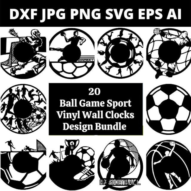 DXF SVG PNG Laser Machine 20 X Ball Games /sports Vinyl Clock Design ...