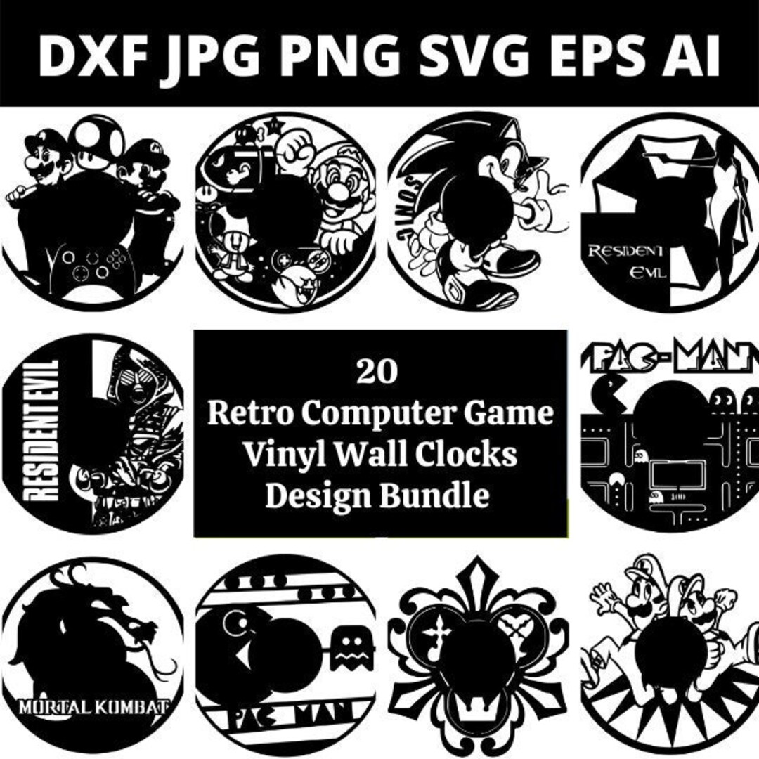 DXF SVG PNG Laser Machine 20 X Retro Computer Game Vinyl Clock Design ...