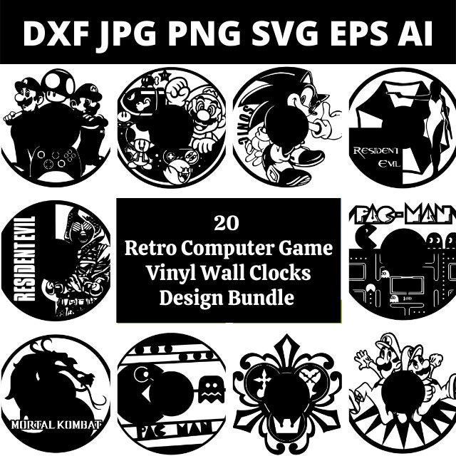 DXF SVG PNG Laser Machine 20 X Retro Computer Game Vinyl Clock Design ...
