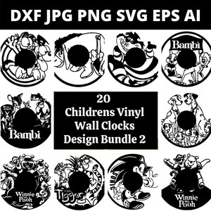 DXF SVG PNG Laser Router Templates 20 X Kids Vinyl Clock Design Bundle ...