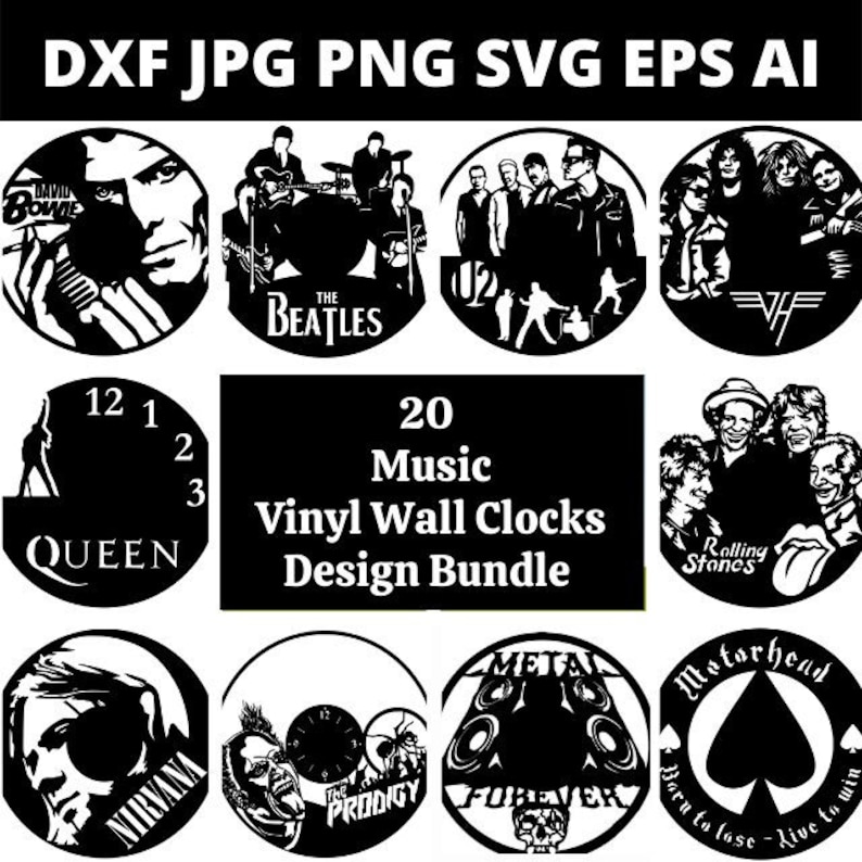 Machine laser DXF SVG PNG 20 horloges murales emblématiques en vinyle ...