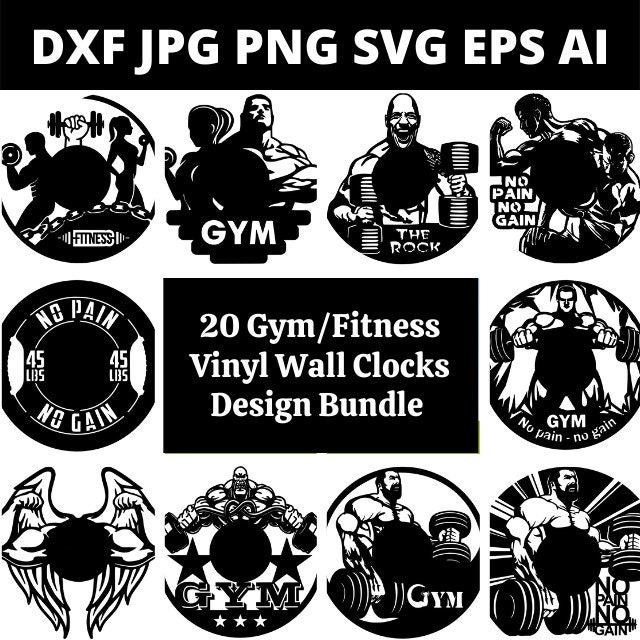 DXF SVG PNG Laser Router 20 X Gym/fitness/bodybuilding Vinyl Clock ...