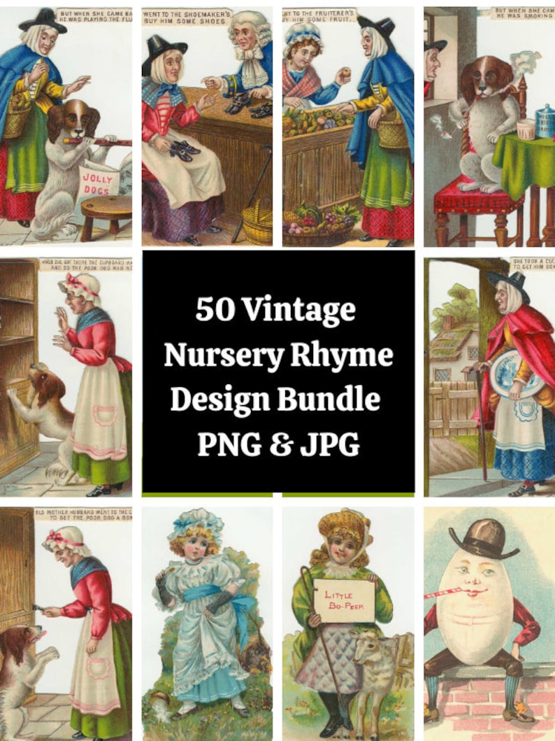 50 Vintage Nursery Rhymes Bundle High Quality Designs PNG & JPG Card ...
