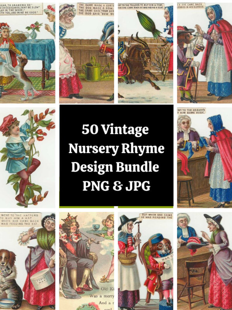 50 Vintage Nursery Rhymes Bundle High Quality Designs PNG & JPG Card ...