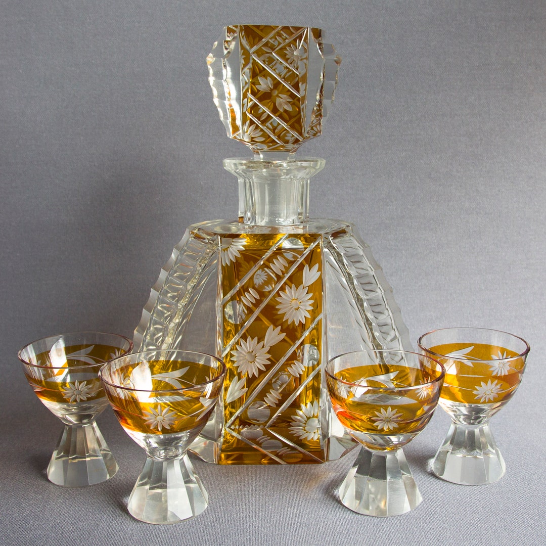 Moser Lub Josephinenhutte Karafka Art Deco + Cztery Kieliszki. Ręcznie ...