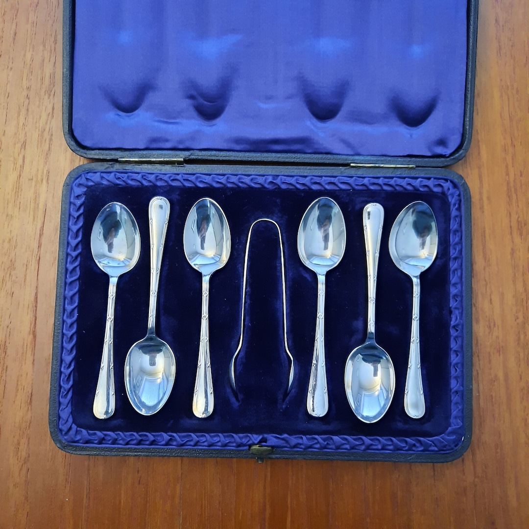 Boxed Set of 6 Vintage Teaspoons and Sugar Tong, Sterling Silver Spoons ...