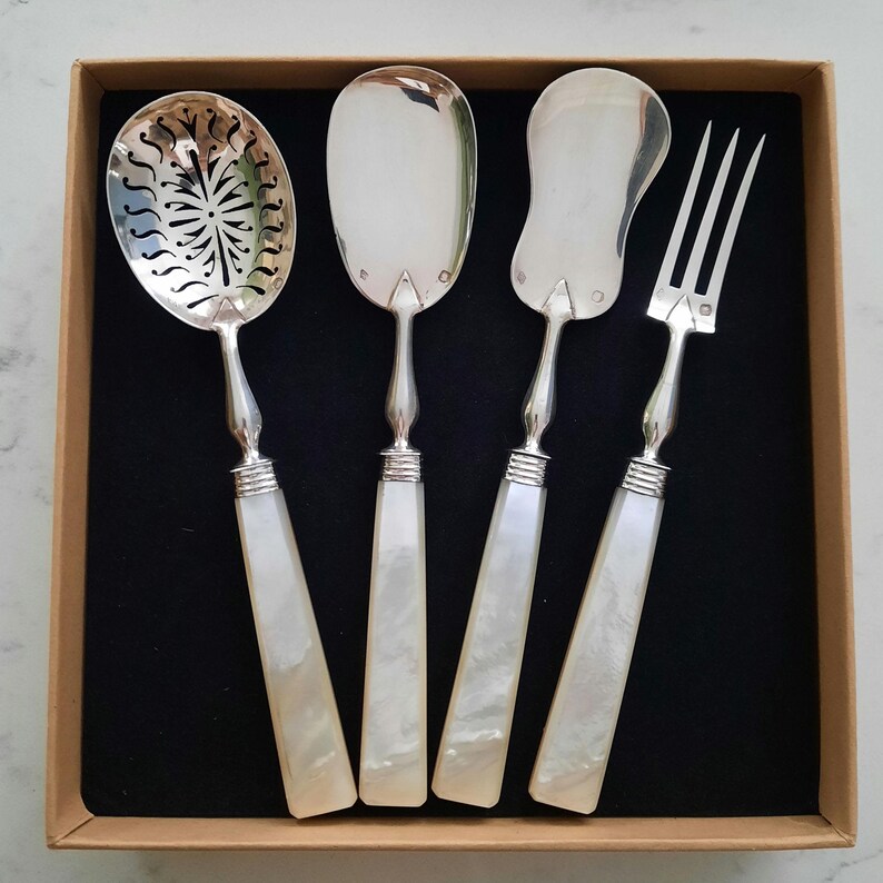 Antique Silver Bon Bon Serving Set, Mother of Pearl Serving Pieces for ...