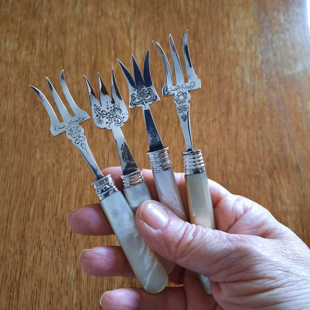 4 Antique Cocktail Forks, Mixed Set of Canape Forks With Mother of ...