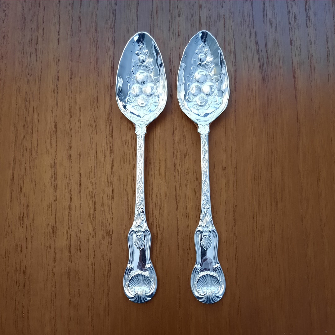 Pair of Victorian Berry Serving Spoons, Newly Re Silvered Flatware ...