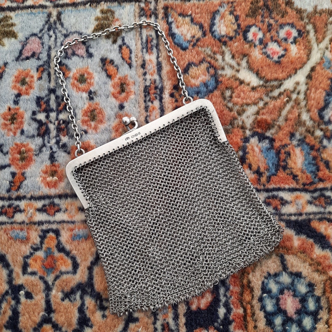 Antique Silver Mesh Bag, 925 Silver Purse, Silver Evening Bag, Vintage ...
