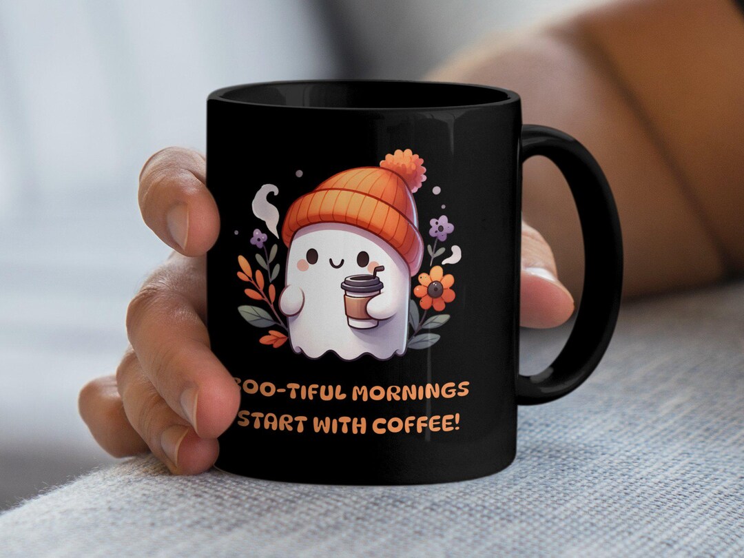 Spooky Ghost Coffee Mug, Cute Ghost With Coffee Mug, Halloween Themed ...
