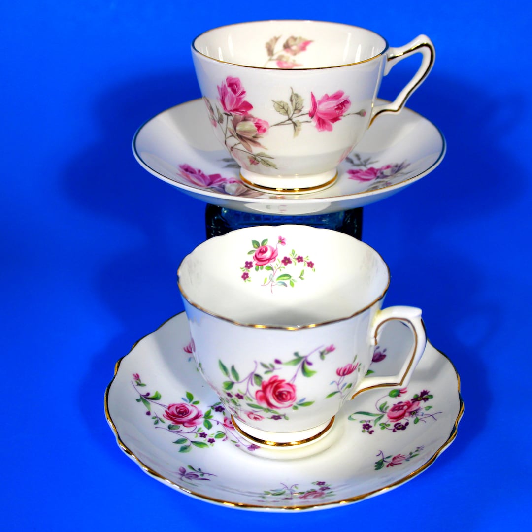 Crown Staffordshire Pink English Rose Tea Cups and Saucers 4pc 2 Sets ...