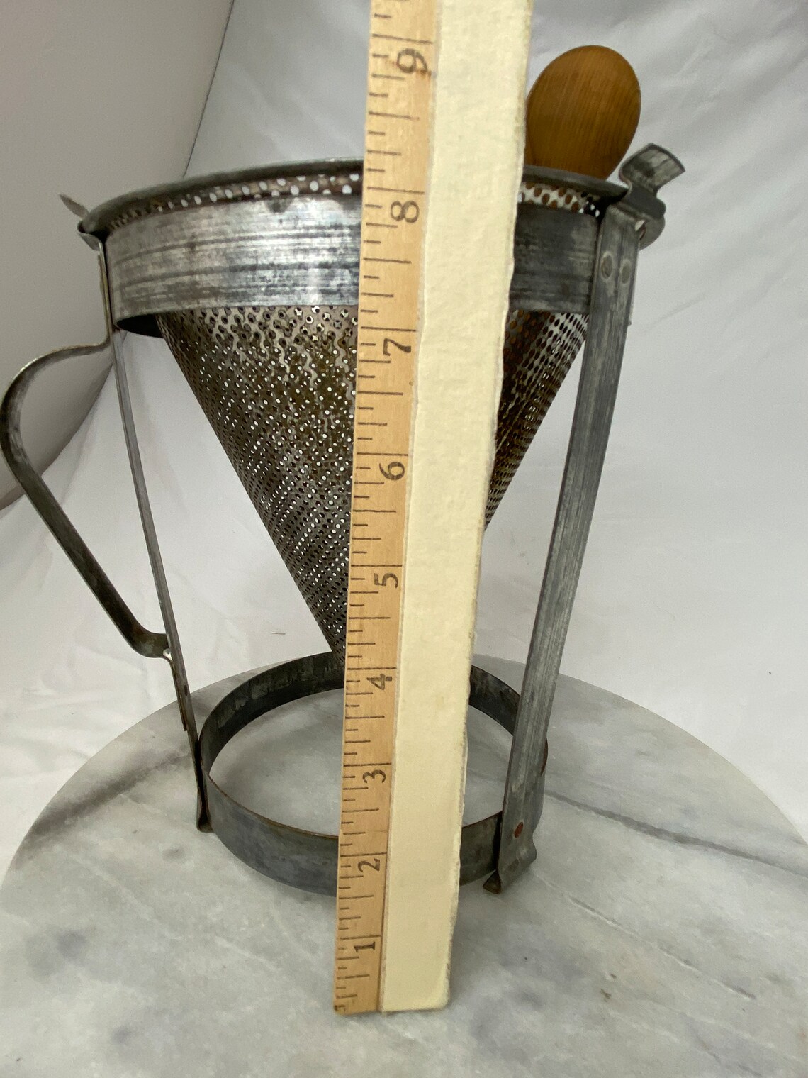 Vintage Antique Steel Cone Sieve Food Mill Wood Pestle Handle Utensil ...