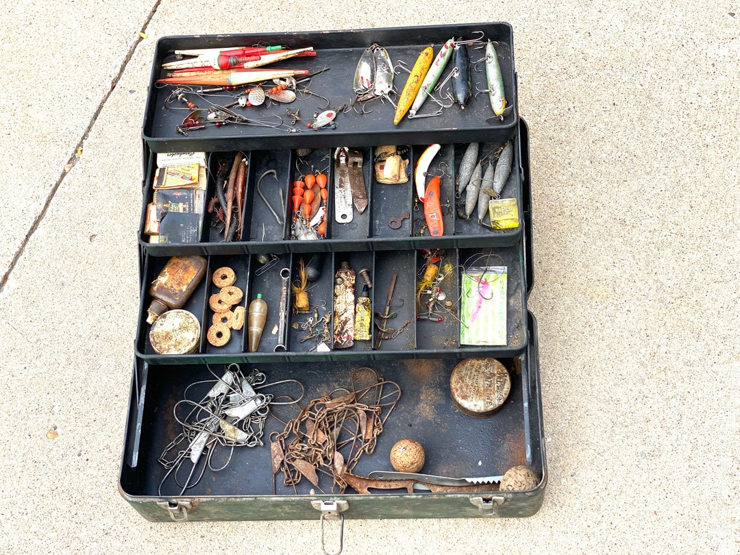 Vintage Rustic Metal Tackle Box With Contents. - Etsy