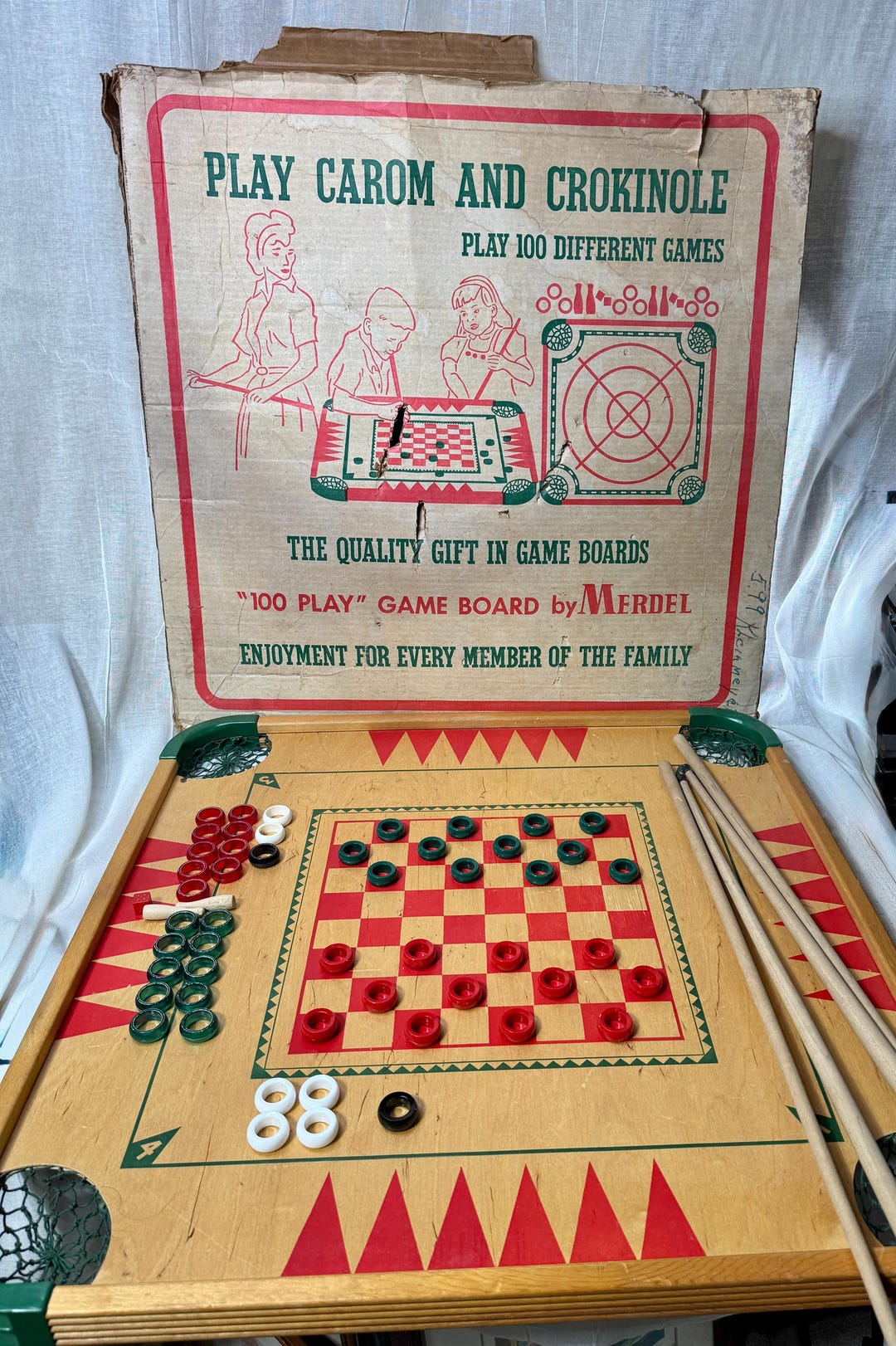 Vintage Carom and Crokinole Game Board #100/1961, Sticks & Ring Pieces ...