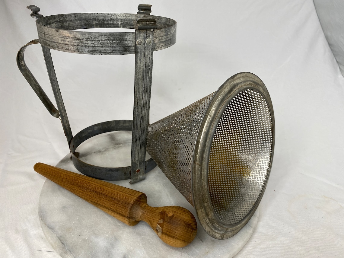 Vintage Antique Steel Cone Sieve Food Mill Wood Pestle Handle Utensil ...