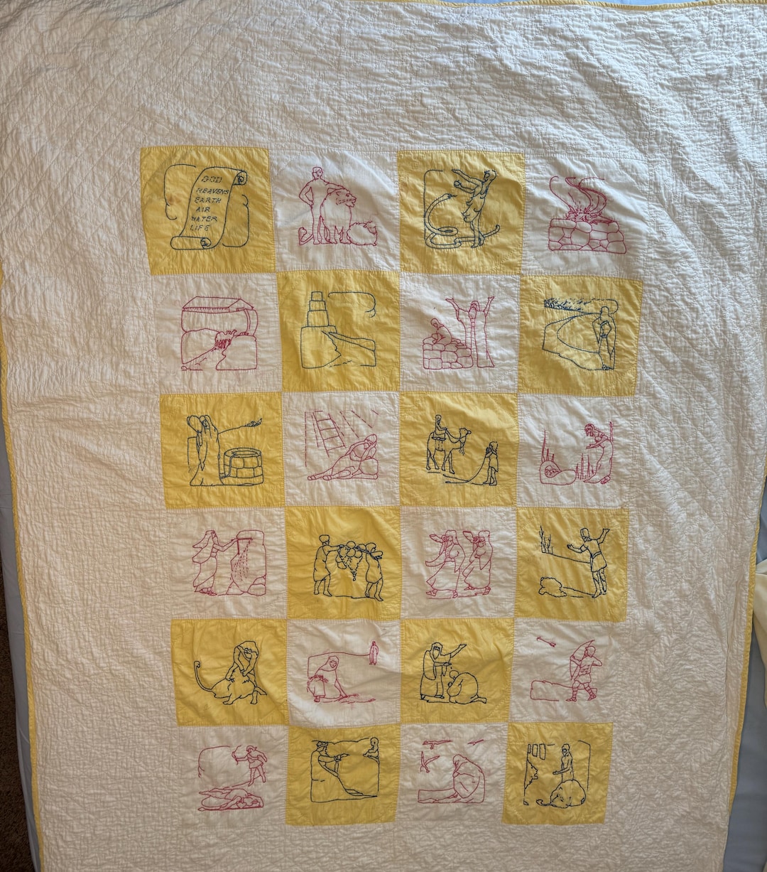 Vintage Hand Quilted Cotton Quilt: Embroidered Bible Scenes (56" X 73 ...