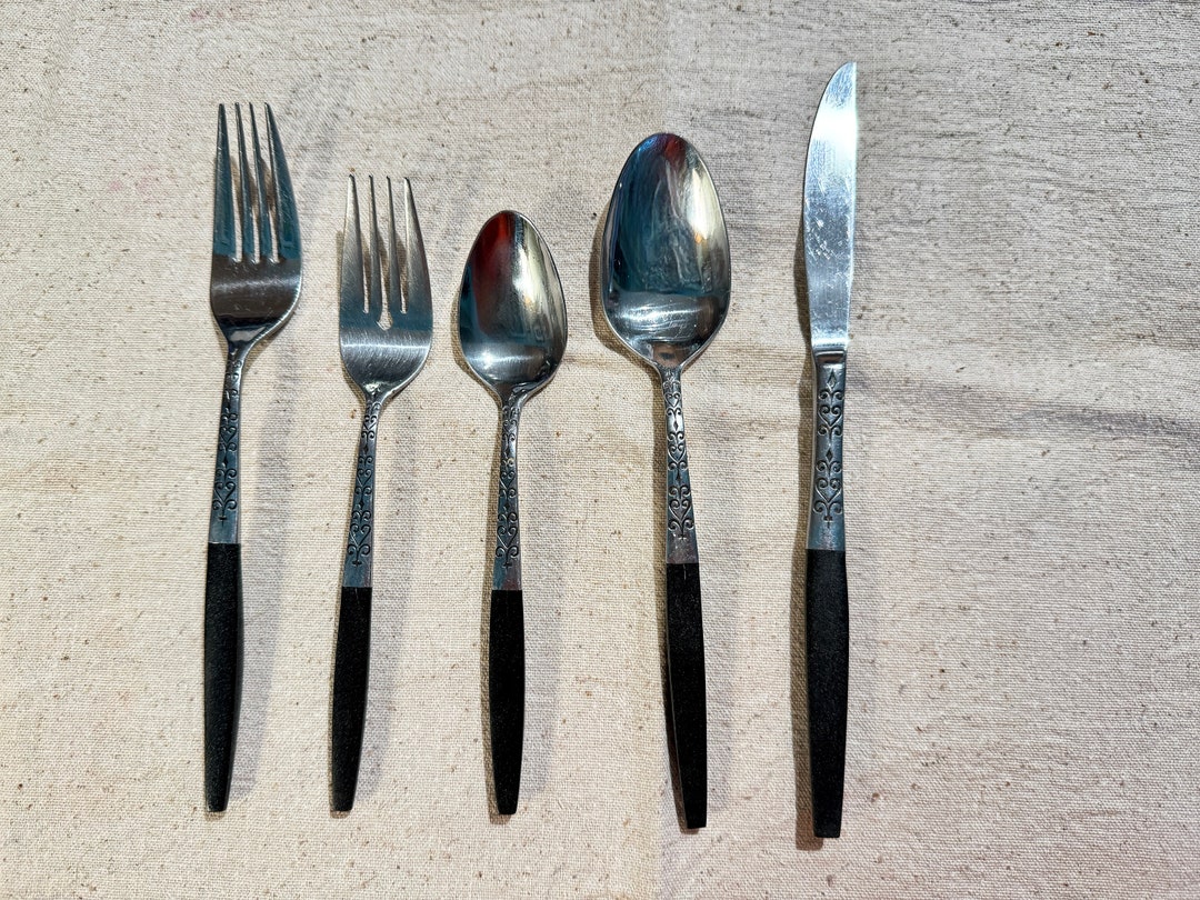 Vintage Interpur Japan Stainless Steel Flatware: Black Wood Handle, Mid ...