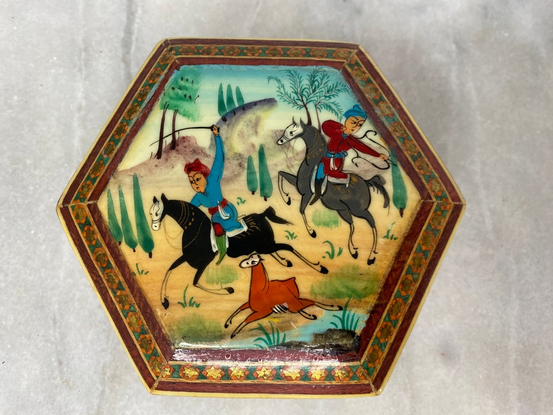 Vintage Middle Eastern Hunting Scene Trinket Box: Hand-painted Lacquer ...