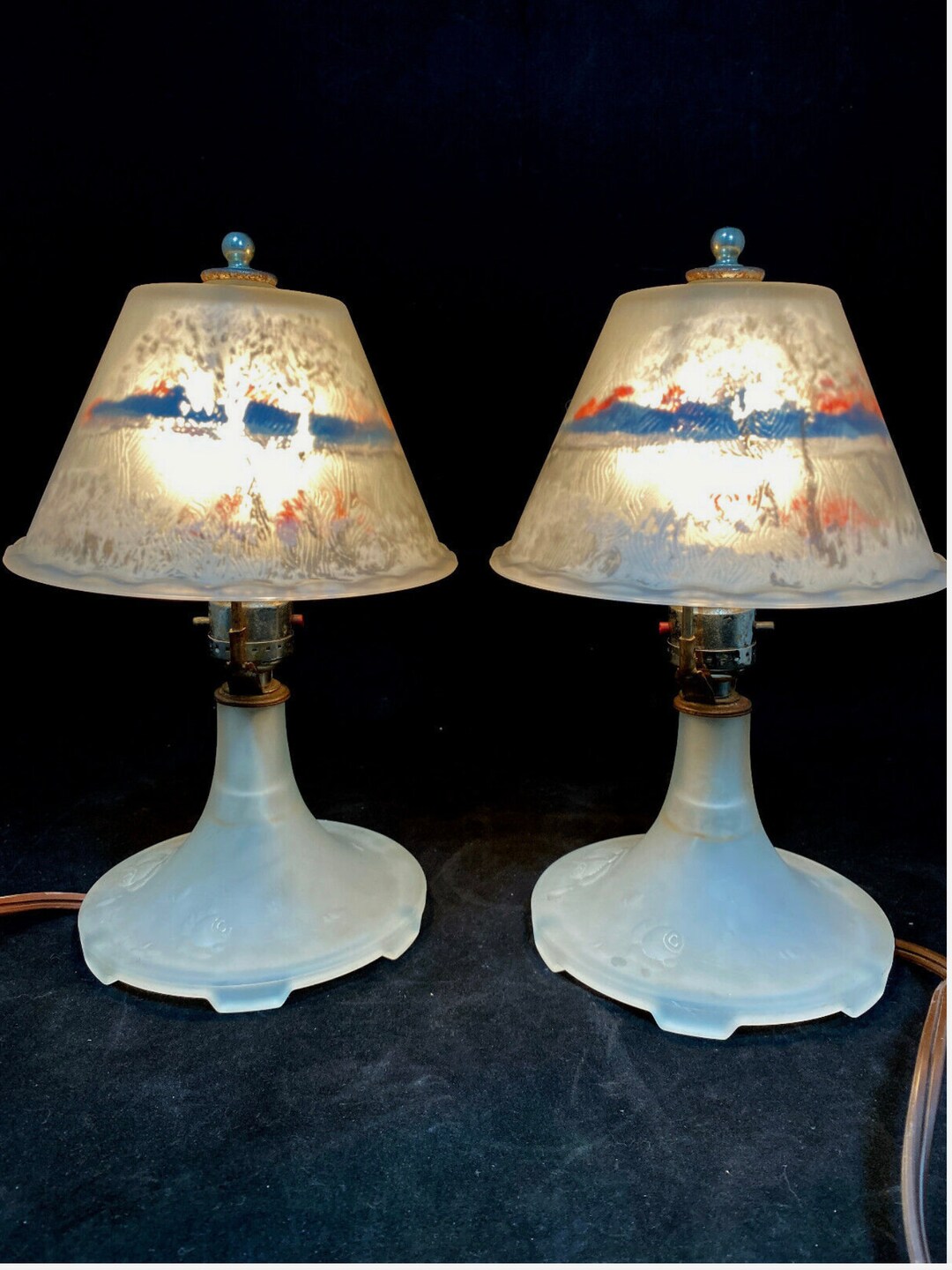 Two Vintage Antique Reverse Painted Small Frosted Lamps - Etsy