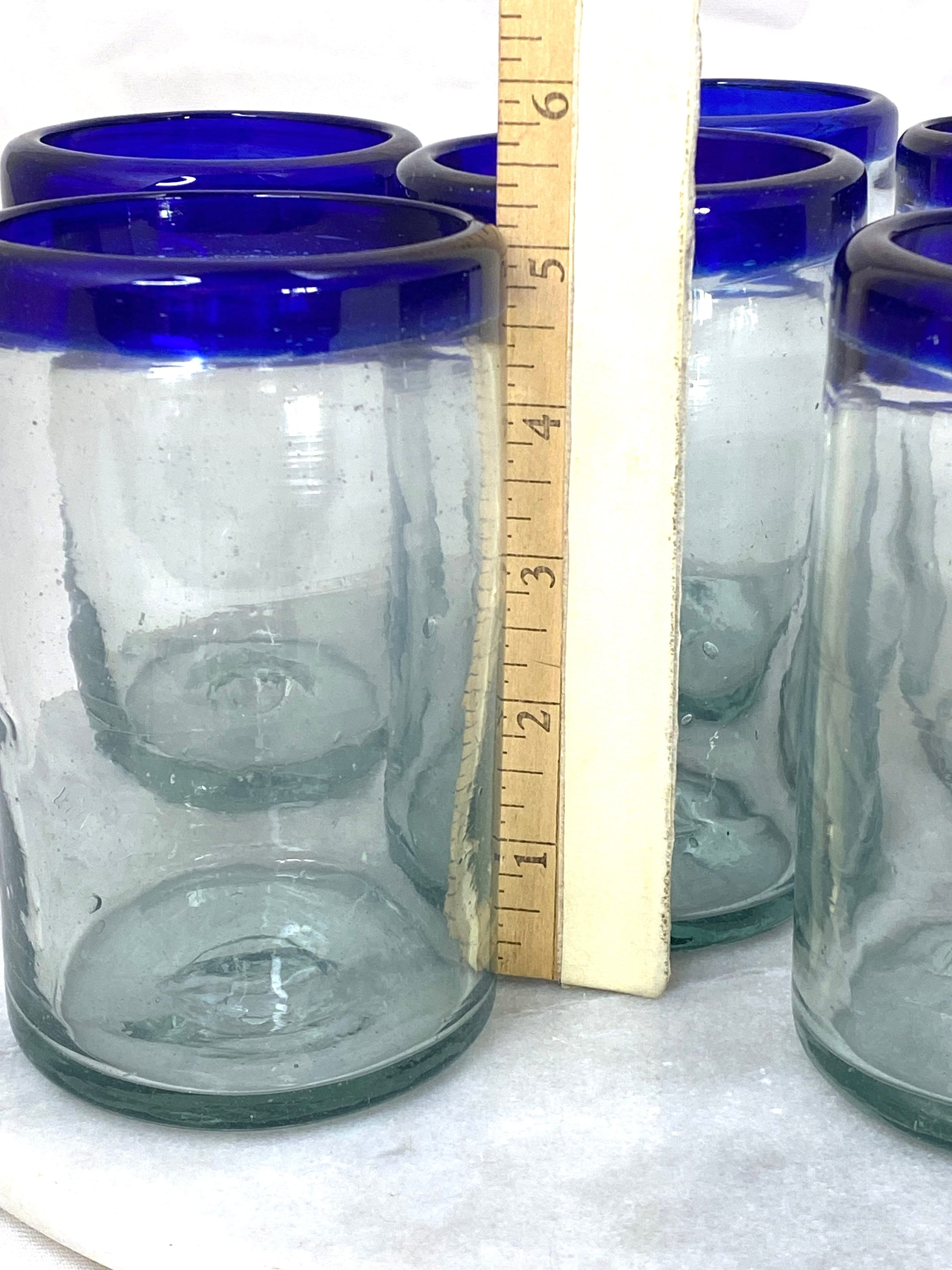 Hand Blown Mexican Glass Drinking Glasses, 5 Blue Band Heavy Glass ...