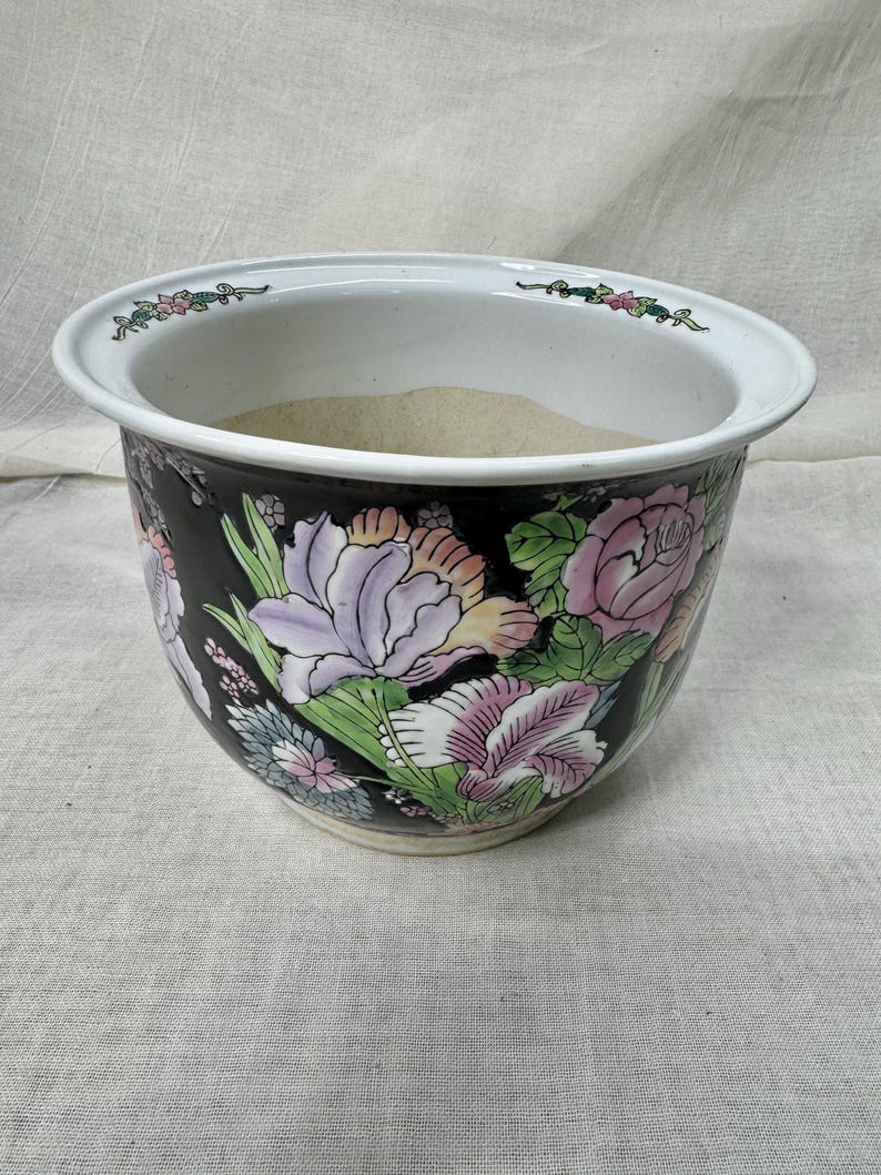 6.5" Asian Flower Pot, Chinoiserie Floral Pattern, Hand Painted ...