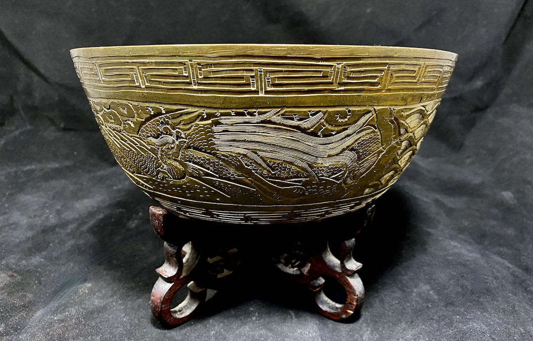 Antique Chinese Brass Bowl With Birds & Clouds and Original Wood Carved ...