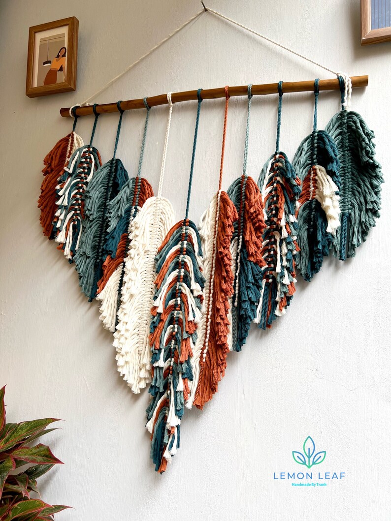 Rustic Handmade Leaves Hanging on the Wall, Macrame Feather Wall ...