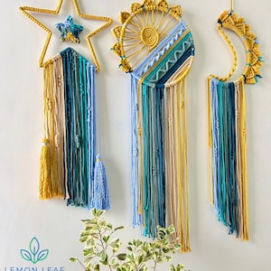 Macrame Moon Star Sun Wall Hanging, Decorative Craft Macrame, Blue Sea ...