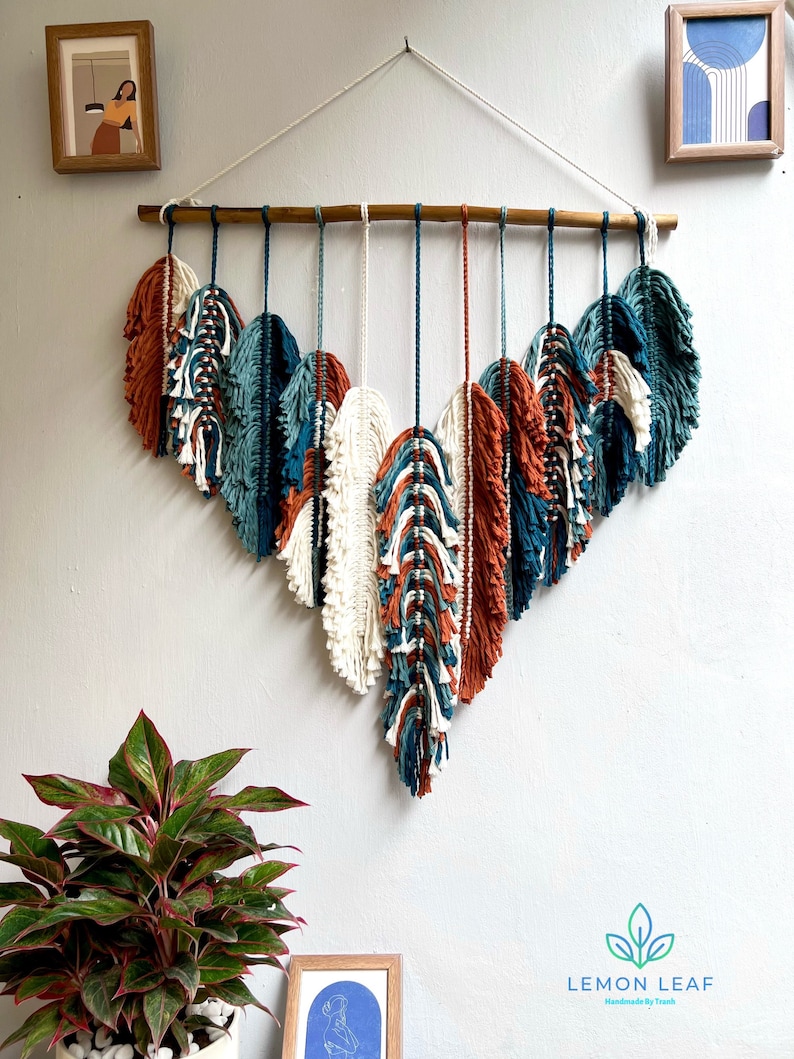 Rustic Handmade Leaves Hanging on the Wall, Macrame Feather Wall ...