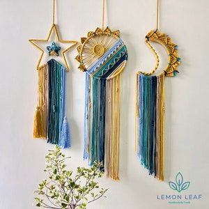 Macrame Moon Star Sun Wall Hanging, Decorative Craft Macrame, Blue Sea ...