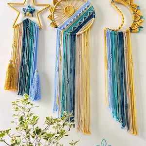 Macrame Moon Star Sun Wall Hanging, Decorative Craft Macrame, Blue Sea ...