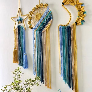 Macrame Moon Star Sun Wall Hanging, Decorative Craft Macrame, Blue Sea ...